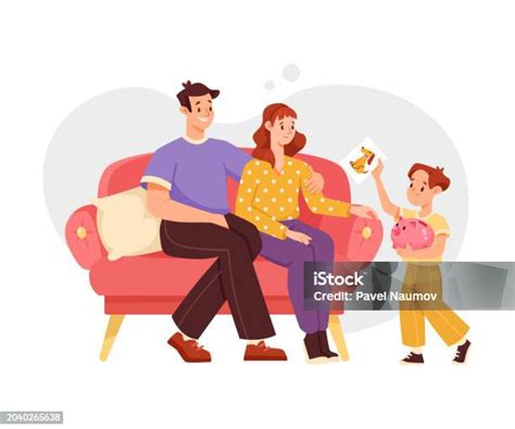 재정 문맹 퇴치 와 엄마 와 아빠 와 아들 가르치는 것 저축 돈 벡터 일러스트 가족에 대한 스톡 벡터 아트 및 기타 이미지