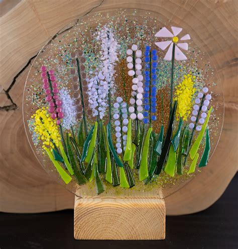 Fused Glass Wild Flower Plate With Wood Tea Ligt Standfloral Art Flower Plates Stained Glass