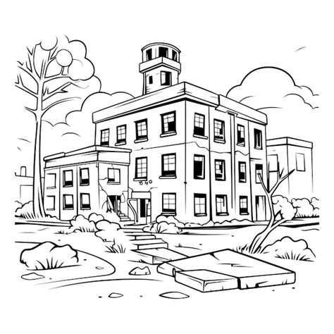 Edificio Antiguo De La Escuela Ilustración Vectorial En Blanco Y Negro Para Libro De Colorear