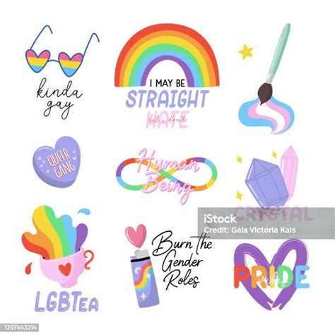 Lgbtq驕傲符號設置五顏六色的設計項目和排版向量手繪插圖和字母向量圖形及更多貼紙圖片 貼紙 多樣性 彩虹 Istock