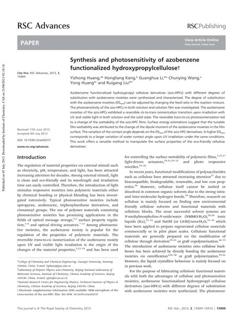 Pdf Synthesis And Photosensitivity Of Azobenzene Functionalized