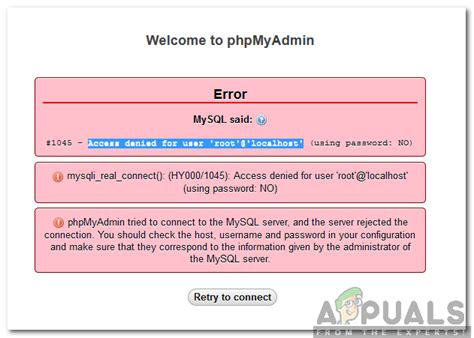 how to fix access denied for user root localhost error on mysql