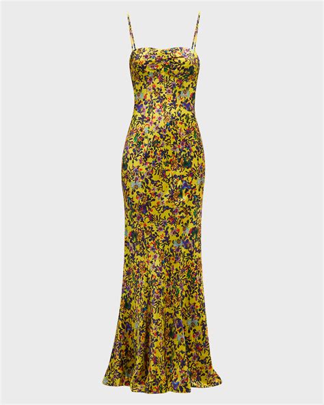 Saloni Renee Long Floral Silk Spaghetti Strap Dress Neiman Marcus
