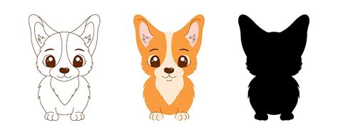펨브로크 웨일스 코기는 만화 스타일 벡터 일러스트레이션으로 설정되었습니다 귀여운 강아지가 앉아서 웃고 있고 하얀 배경에 고립된