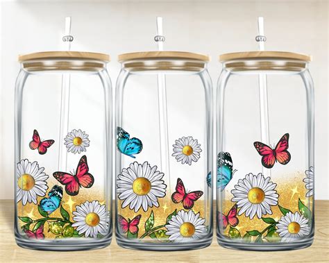 Daisy And Butterflies 16 Oz Libbey Glass Wrap Png Libbey Wrap Png