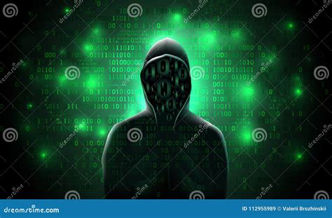 Silhouette Of A Hacker In A Hood With Binary Code On A Luminous Green Background Hacking Theft