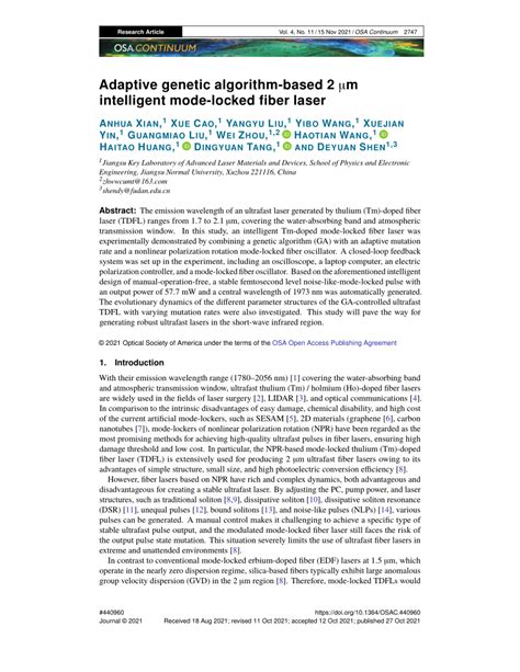 Pdf Adaptive Genetic Algorithm Based 2 μm Intelligent Mode Locked Fiber Laser