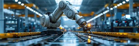 Automated Industrial Robot Arm In Manufacturing Factory Warehouse Stock