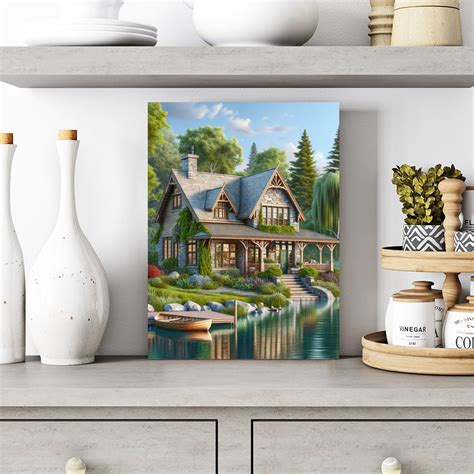 At The Lake Canvas Wall Art Lakefront Cottage Art Rustic Lakeside Life Wraparound Porch Lake