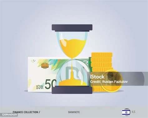 沙漏與50以色列新謝克爾鈔票和硬幣平面樣式向量插圖時間和業務理念向量圖形及更多以色列硬幣圖片 以色列硬幣 50號 付錢 Istock