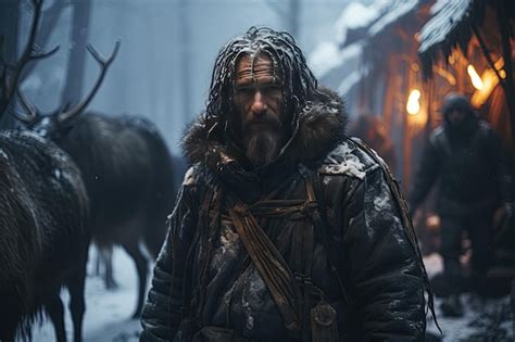 Premium Photo Sami People Herding Reindeer In A Snowy Traditional