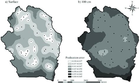 maps of the distribution of error at a surface and b 100 cm depth