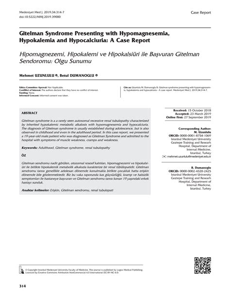 Gitelman Syndrome Presenting With Hypomagnesemia Hypokalemia And