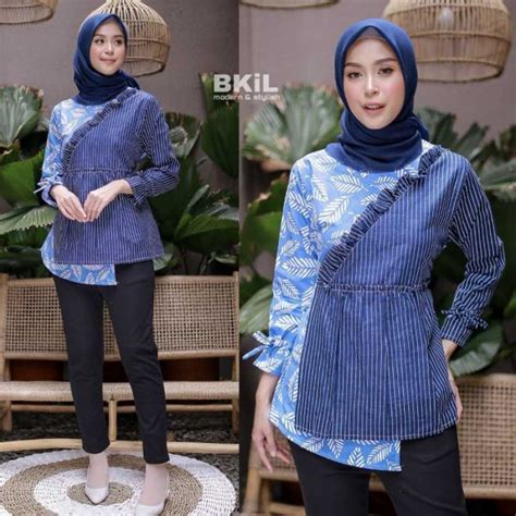 Promo Baju Batik Wanita Blouse Batik Modern Kombinasi Lengan Panjang