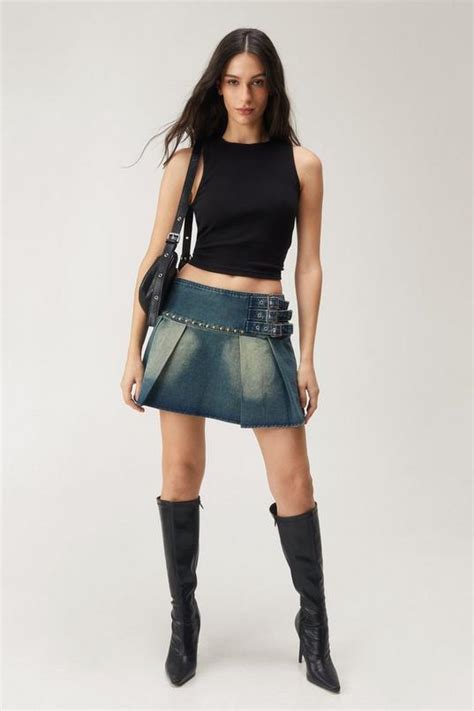 Denim Pleated Buckle Mini Skirt Nasty Gal
