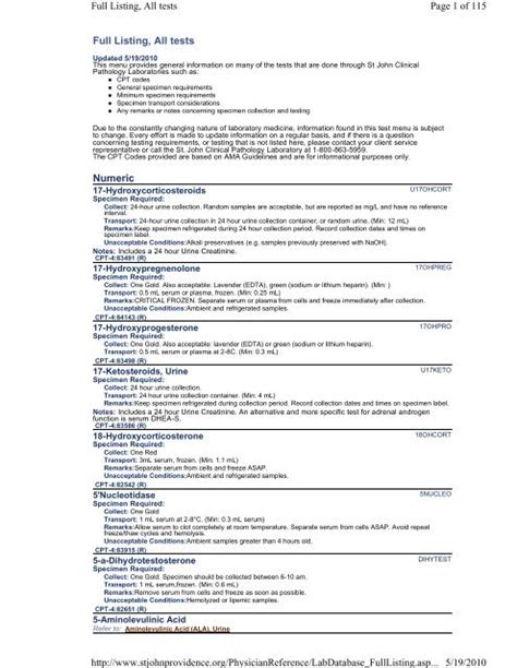 Lab Test Menu Printable Pdf Format St John Health System