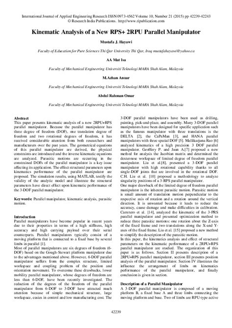 Pdf Kinematic Analysis Of A New Rps 2rpu Parallel Manipulator Mustafa J Hayawi