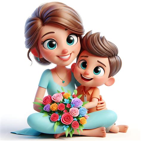 Dibujos Animados En 3d Madre E Hijo Abrazándose El Uno Al Otro En El Día De La Madre Foto Premium