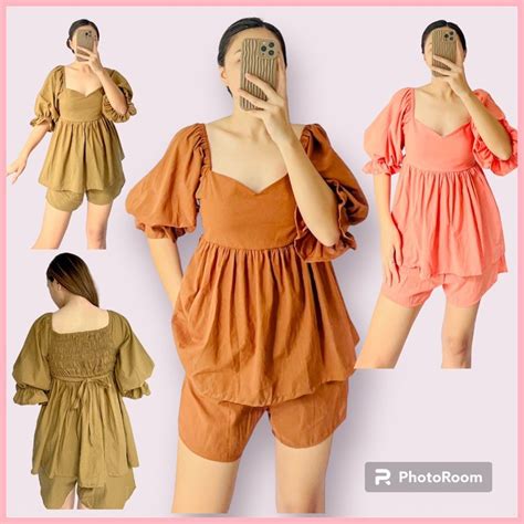 Madel Puff Sleeve Top Terno Short With 2 Pocket Cotton Linen Shopee Philippines