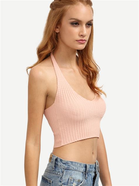 Pink Halter Neck Backless Crop Top Sheinsheinside