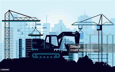 地面工程的向量例證在建築概念挖掘機在平面的背景下挖掘建築物和起重機的地面輪廓向量圖形及更多交通方式圖片 交通方式 健身機械 刀刃