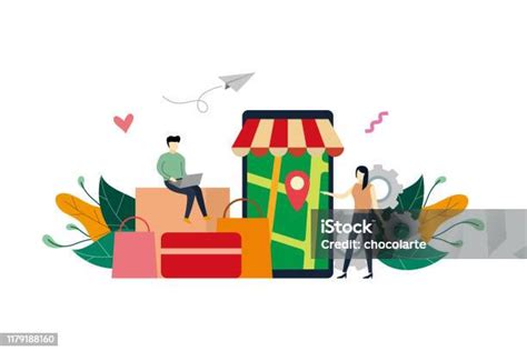 온라인 상점 작은 사람들 개념 벡터 템플릿 배경 광고 일러스트레이션에 적합한 전자 상점 배달 서비스 평면 그림에 대한 핀 위치 지도에 대한 스톡 벡터 아트 및 기타 이미지