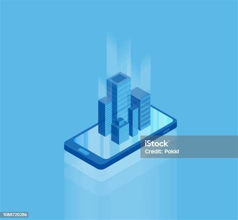 不同的智慧手機向量插圖範本與摩天大樓的建築物從螢幕上出來向量圖形及更多塑膠圖片 塑膠 建築物外觀 等軸測投影 Istock