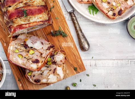 Terrine Of Pork With Pistachios Cherries Chicken And Bacon Stock