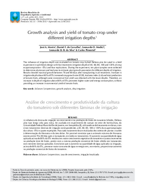 Pdf Growth Analysis And Yield Of Tomato Crop Under Different Irrigation Depths