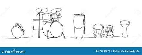 Drums Set One Line Art Continuous Line Drawing Of Play Drum Kit Buhai Darbuka Bongos Big