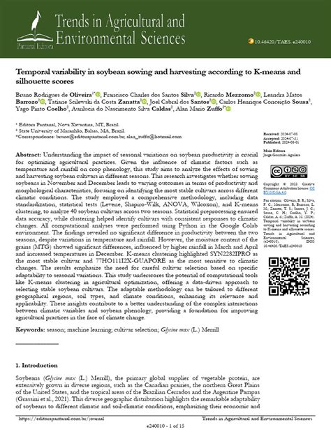 Temporal Variability In Soybean Sowing And Harvesting According To K Means And Silhouette Scores