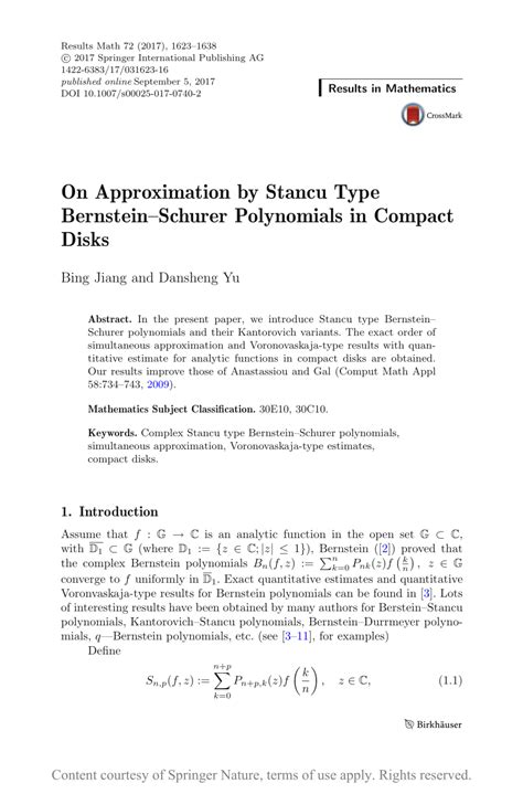 On Approximation By Stancu Type Bernstein Schurer Polynomials In Compact Disks Request Pdf
