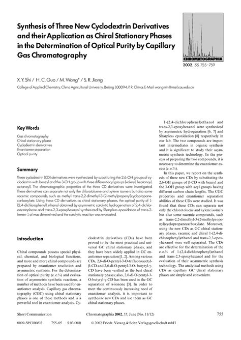 Pdf Synthesis Of Three New Cyclodextrin Derivatives And Their Application As Chiral Stationary