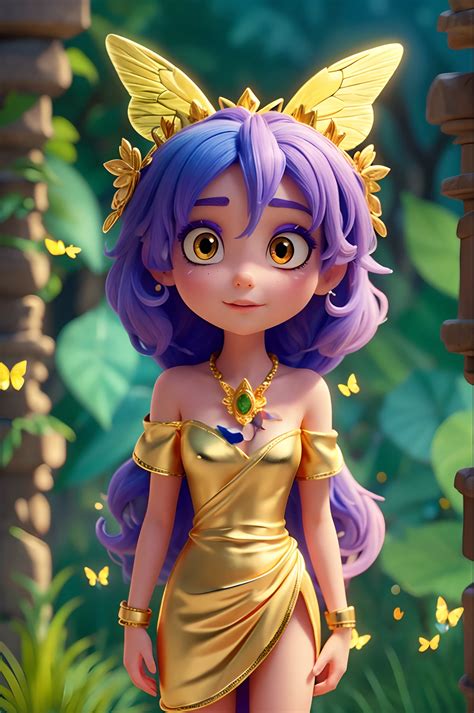 漫画のキャラクターのアップで、紫色の髪と金のドレスを着ている Seaart Ai