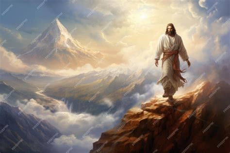 Jesus Christ On The Mountain Back View Of Jesus Christ Standing On The