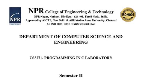 Cs3271 Programming In C Laboratory Manual For Semester Ii Studocu