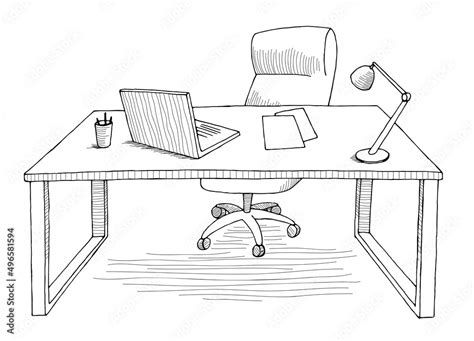 Office Table Graphic Black White Interior Sketch Isolated Illustration