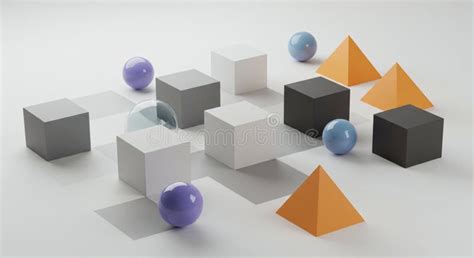 Geometric Arrangement Featuring Various 3d Shapes Including White And Black Cubes Stock