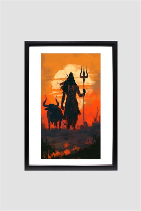 Shiva and Nandi Silhouette Digital Art - A4 Framed Poster | Glossy Fin – Brogen