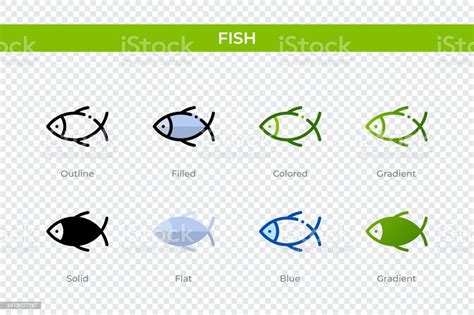 다른 스타일의 물고기 아이콘 윤곽선 솔리드 컬러 채우기 그라디언트 및 플랫 스타일로 디자인 된 물고기 벡터 아이콘 기호 로고 일러스트레이션 벡터 일러스트 레이 션 개념에