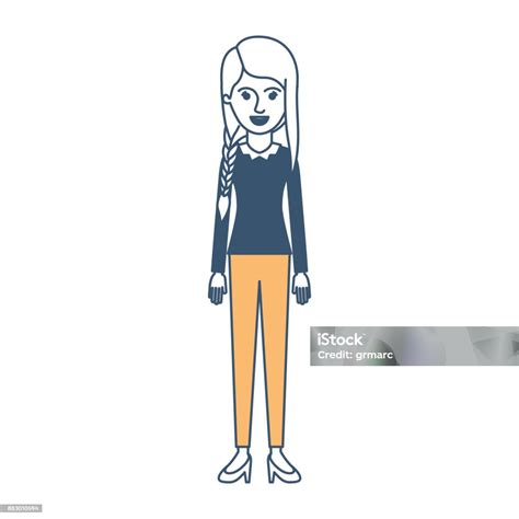 긴 소매 블라우스와 바지와 컬러 섹션 실루엣에 머리와 프린지 헤어스타일으로 뒤꿈치 신발 여자 전신 땋은 머리에 대한 스톡 벡터