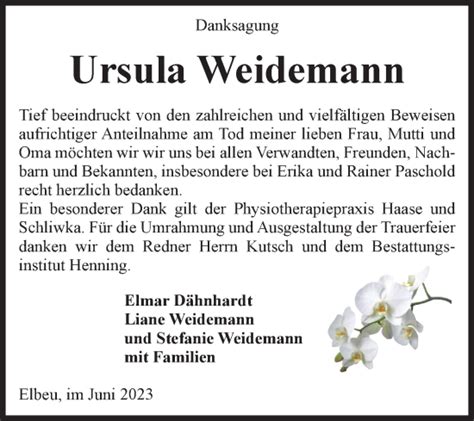 Traueranzeigen Von Ursula Weidemann Abschied Nehmen De