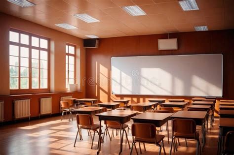 Empty Modern Classroom With Blank Whiteboard Bright Sunny Education