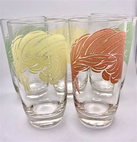 Mcm Drinking Glasses Set Of 5 Pastel Colored Tumblers Feathers Design