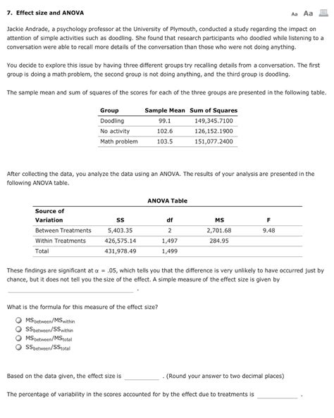 Solved 7 Effect Size And Anova Aa Aa Jackie Andrade A