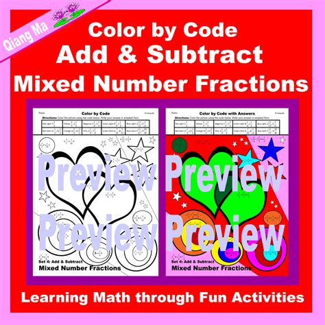 Valentine Color By Code Add And Subtract Mixed Number Fractions Made By Teachers