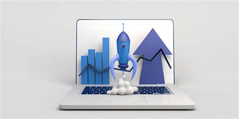 바 차트와 노트북에 로켓 발사 신제품 또는 서비스의 개발 및 홍보 시작 3d 일러스트레이션 막대 그래프에 대한 스톡 사진 및 기타 이미지 Istock