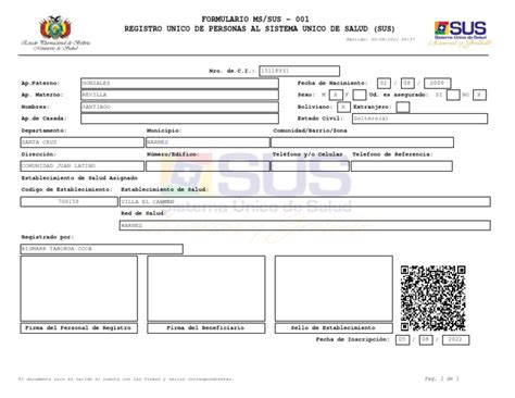 Formulario Mssus 001 Registro Unico De Personas Al Sistema Unico De