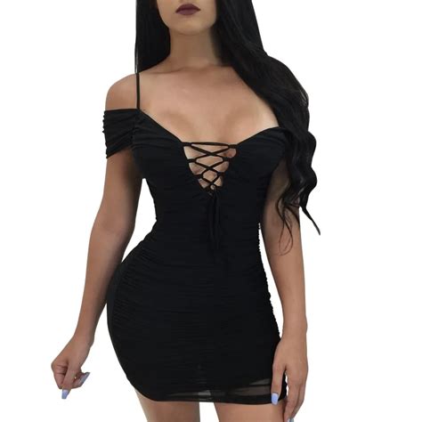 Fashion Womens Sexy Bodycon Ruched Off Shoulder Lace Up Club Mini