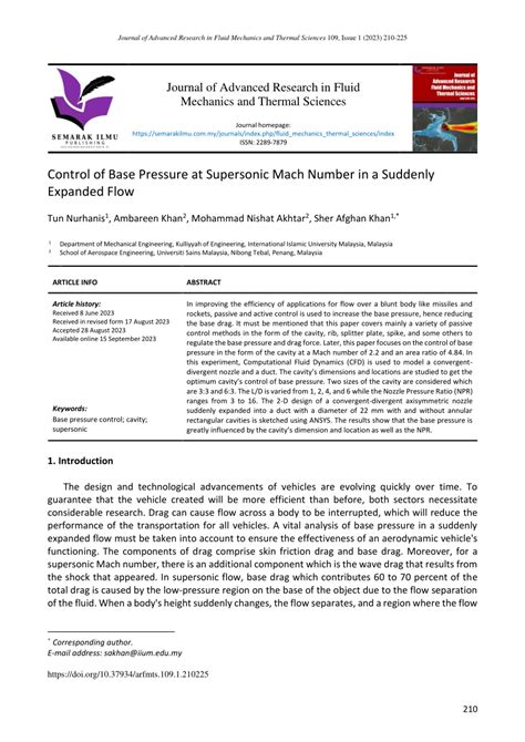 Pdf Control Of Base Pressure At Supersonic Mach Number In A Suddenly
